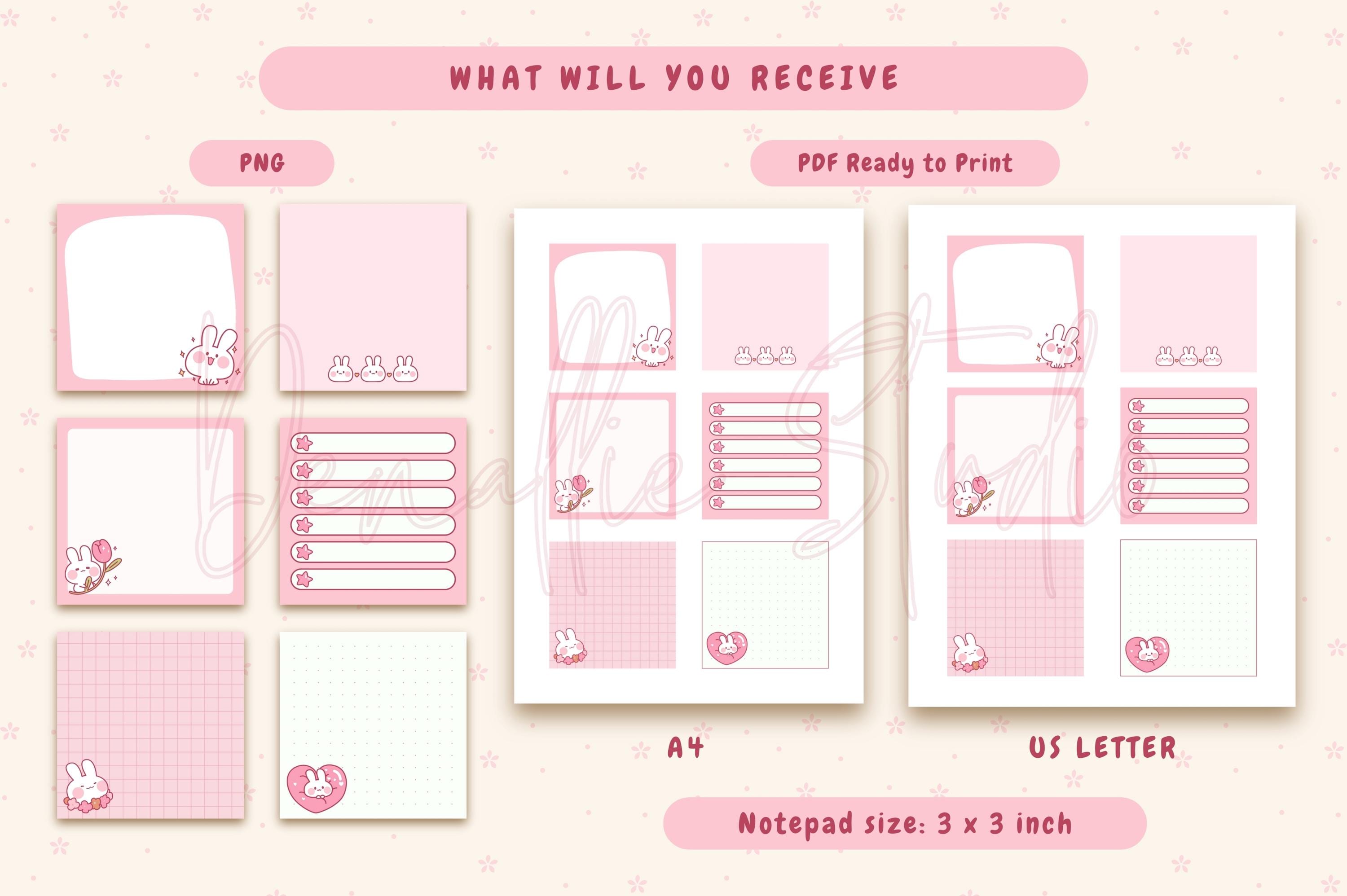 Bunny-themed Notepad, Cute Bunny Memo Pad Template, Memo Sheet, Kawaii ...