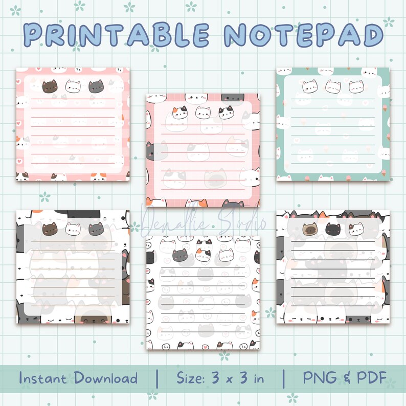 Cat-themed Printable Notepad, Cat Memo Pad, Cute Notepad, Digital ...
