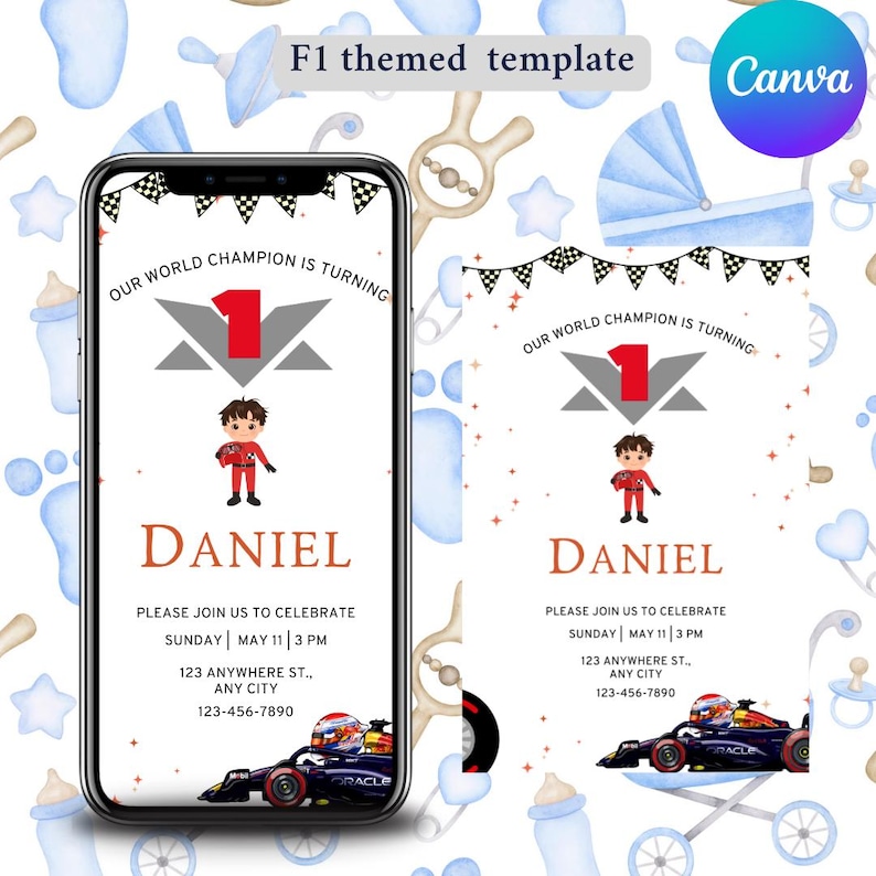 F1 First Birthday Invitation: Race Car Party, Editable Canva Template ...