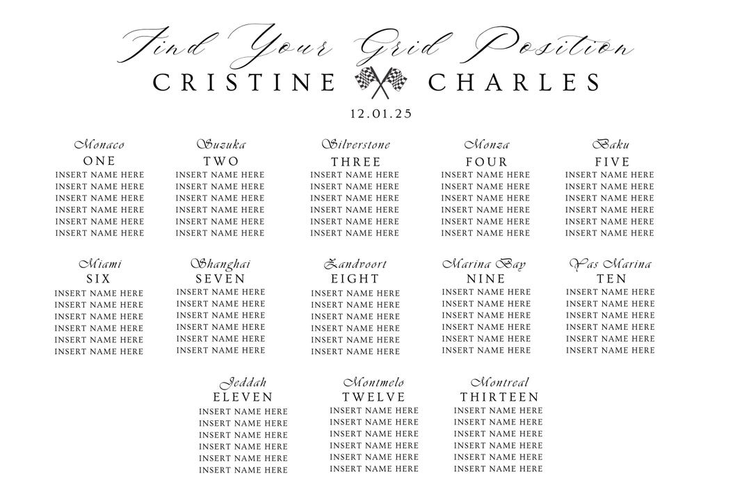F1 Racing Wedding Seating Chart & Table Numbers: Table 1-12 Grand Prix ...