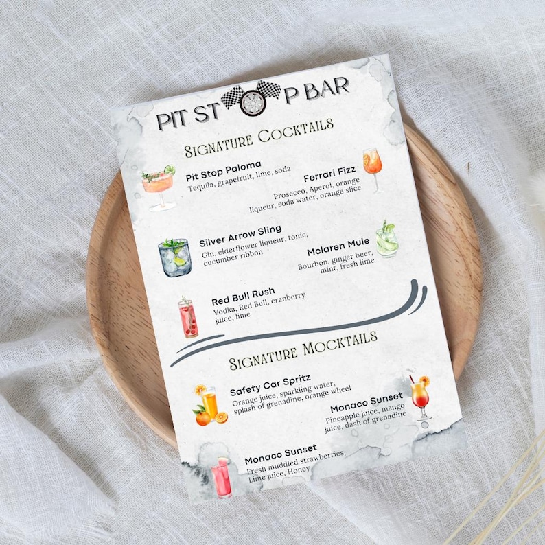 F1-themed Bar Menu Template: Race Car Cocktail Menu (editable PDF) - Etsy