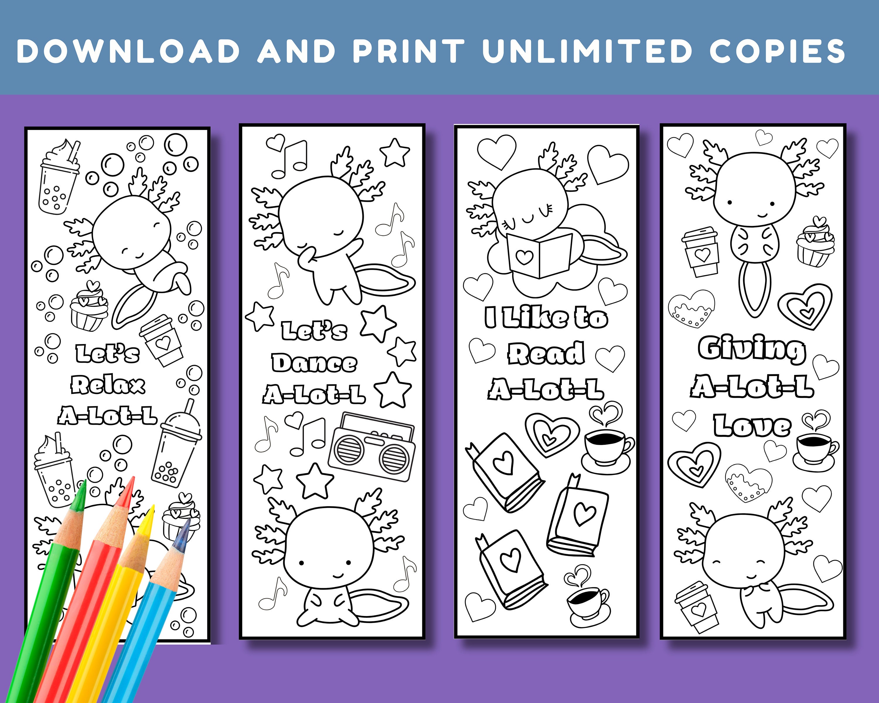 Axolotl Coloring Bookmark Instant Download, Printable Coloring Bookmark ...