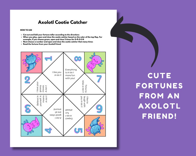 Axolotl Cootie Catcher / Fortune Teller Game for Kids; Great Party ...