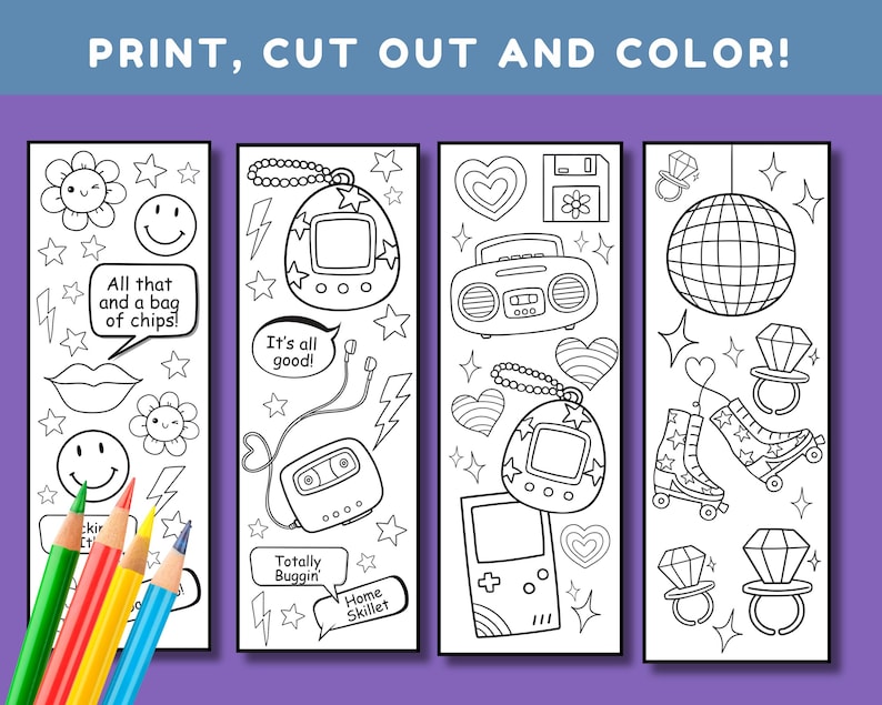 Nineties Bold and Easy Coloring Bookmarks Instant Download, 90s Y2K ...