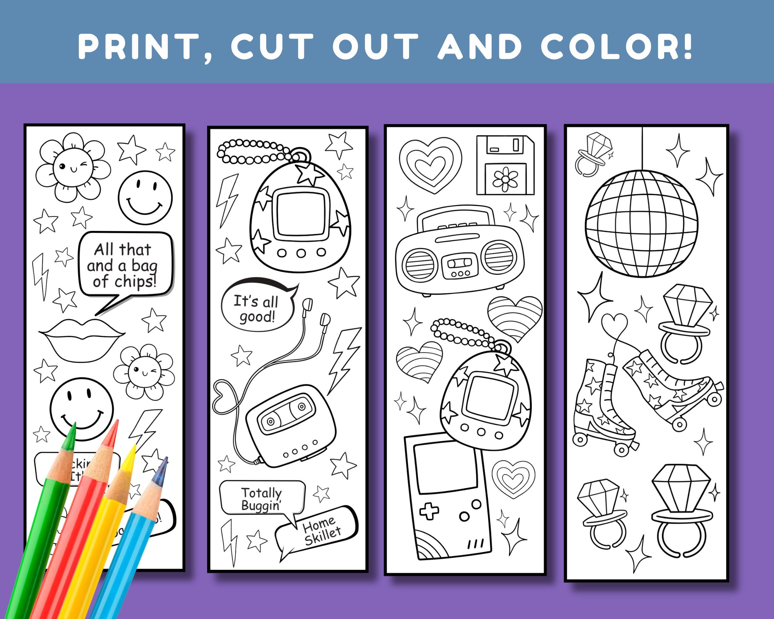 Nineties Bold and Easy Coloring Bookmarks Instant Download, 90s Y2K ...