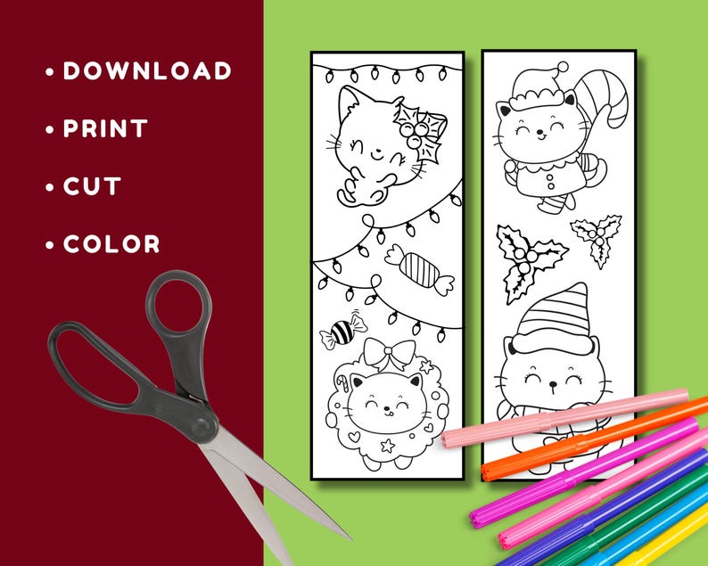 Cozy Cat Christmas Coloring Bookmarks, Kawaii Coloring, Instant ...