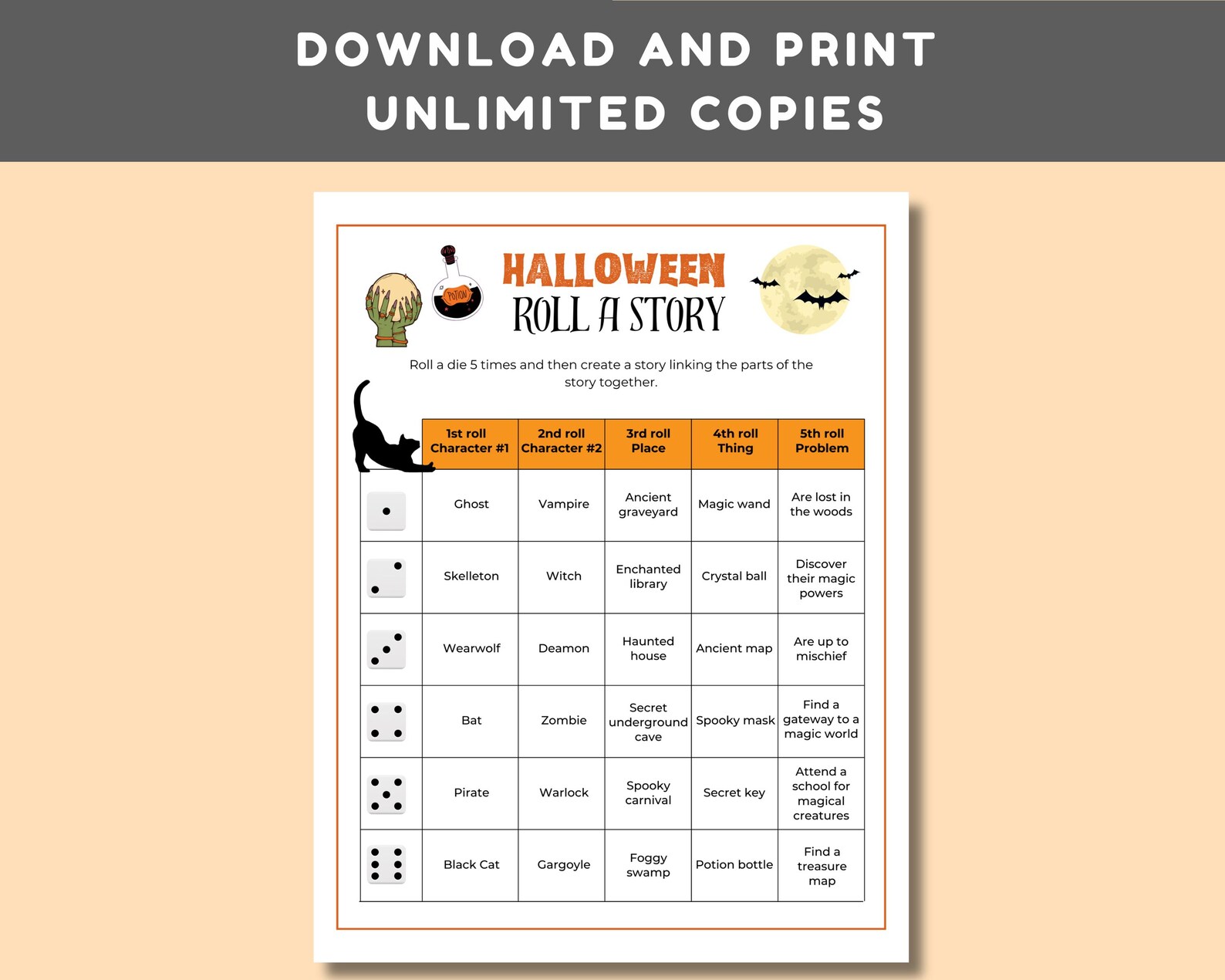 Halloween Roll A Story Game, Instant Download, A4 and Letter Size - Etsy