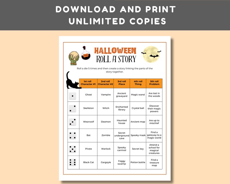 Halloween Roll A Story Game, Instant Download, A4 and Letter Size - Etsy