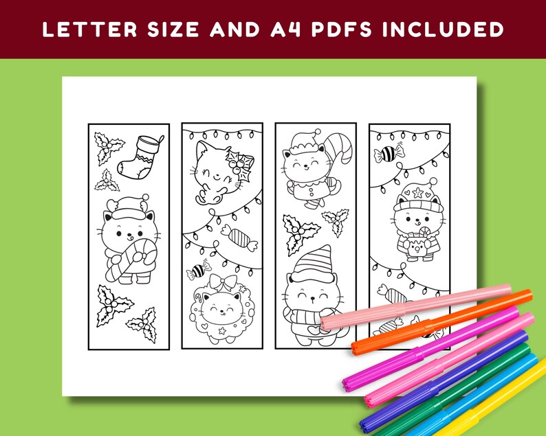 Cozy Cat Christmas Coloring Bookmarks, Kawaii Coloring, Instant ...