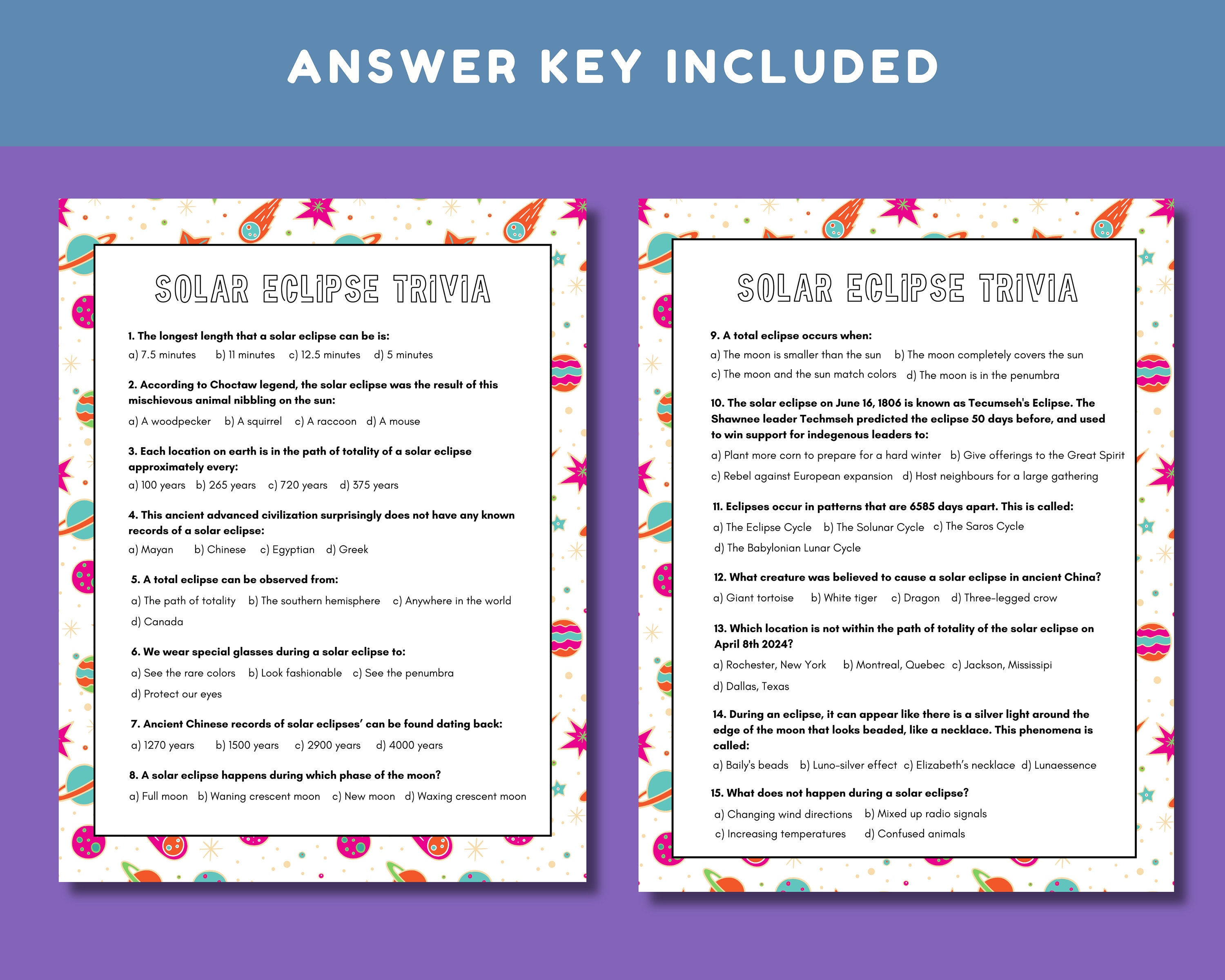 Solar Eclipse Trivia Game Instant Download, Space Trivia for Older Kids ...