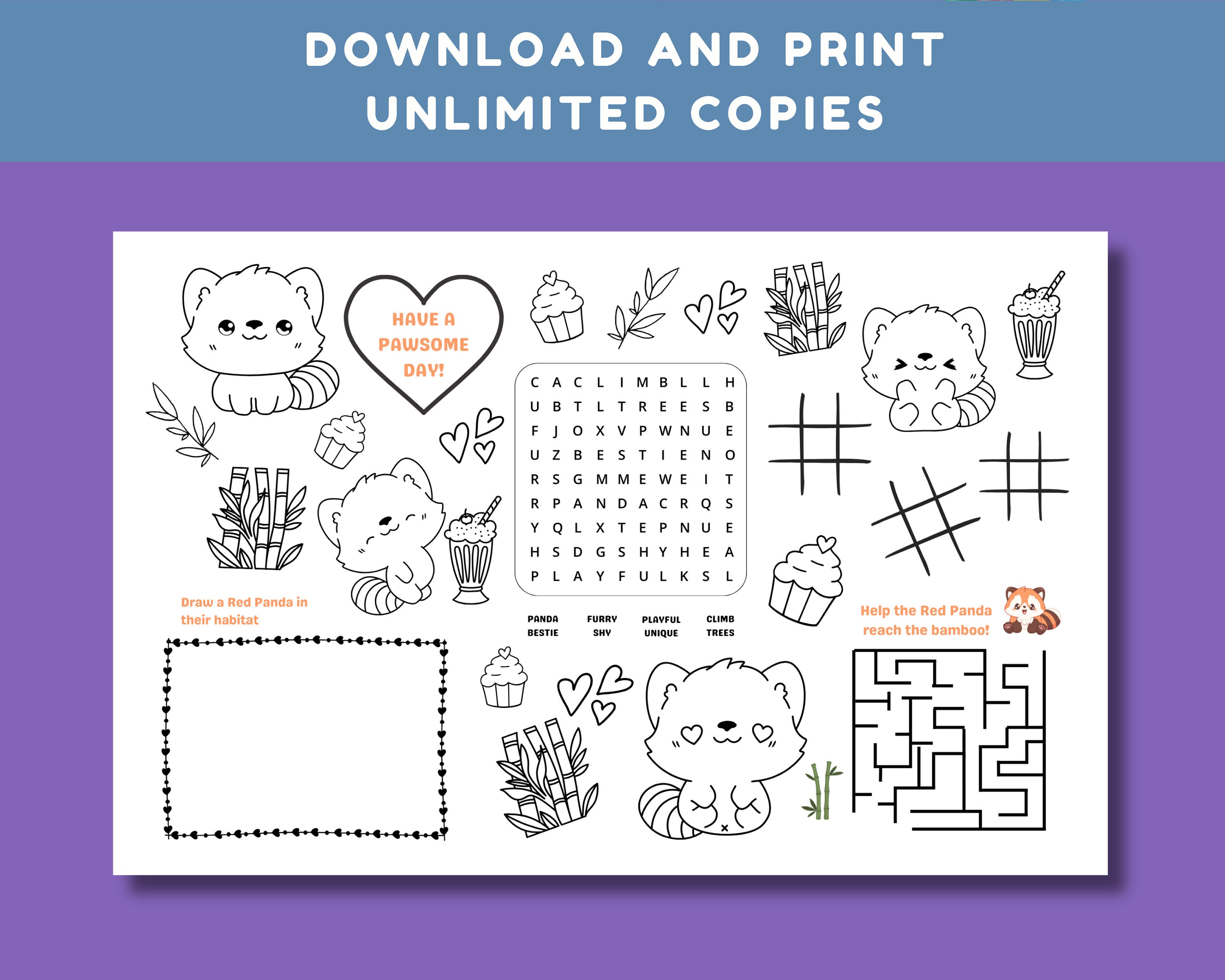 Red Panda Coloring Activity Mat, Kids Coloring Activity Placemat for ...