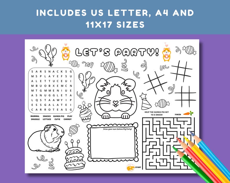 Guinea Pig Birthday Activity Mat: Coloring Page (instant Download,a4/us ...