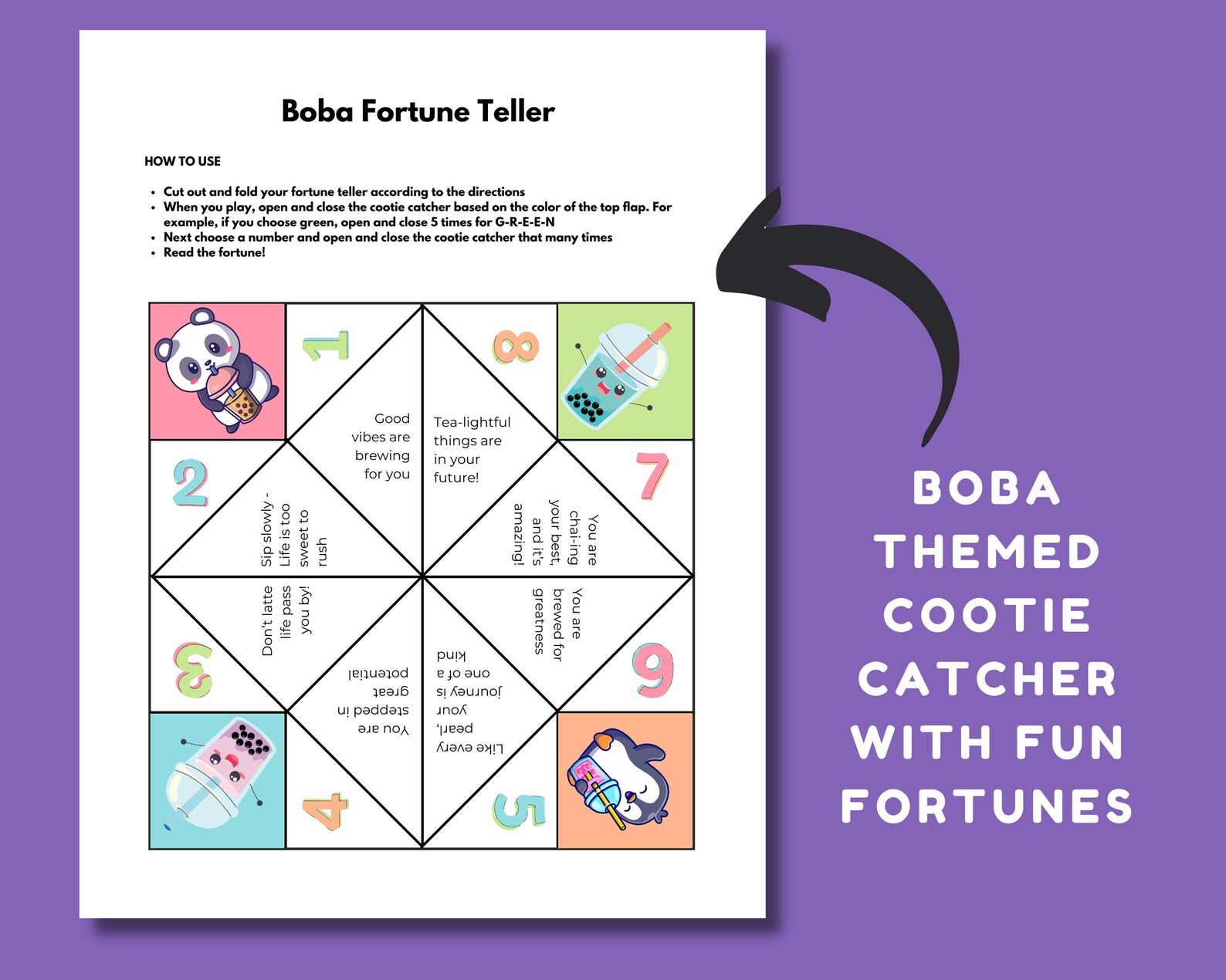 Boba Tea Cootie Catcher / Fortune Teller Game for Kids; Party Favor for ...