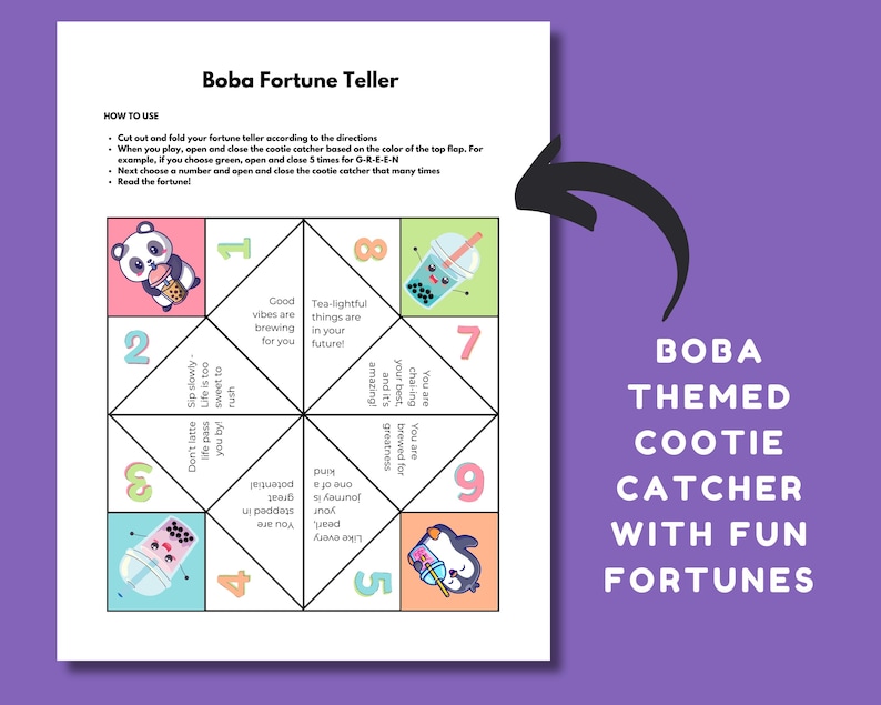 Boba Tea Cootie Catcher / Fortune Teller Game for Kids; Party Favor for ...
