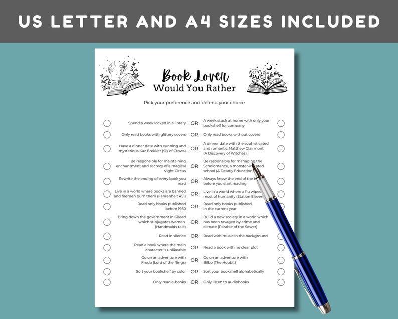 Book Lover Would You Rather Game Instant Download, for Book Clubs ...