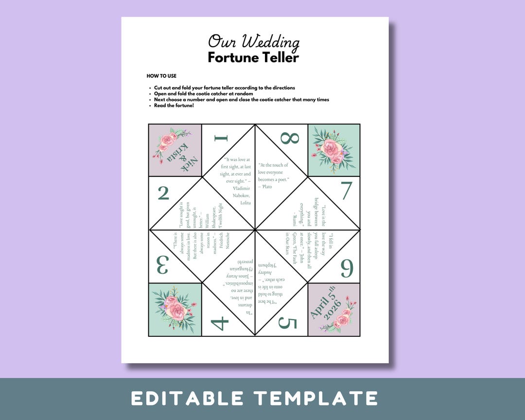Wedding Fortune Teller / Cootie Catcher Editable Canva Template; Party ...