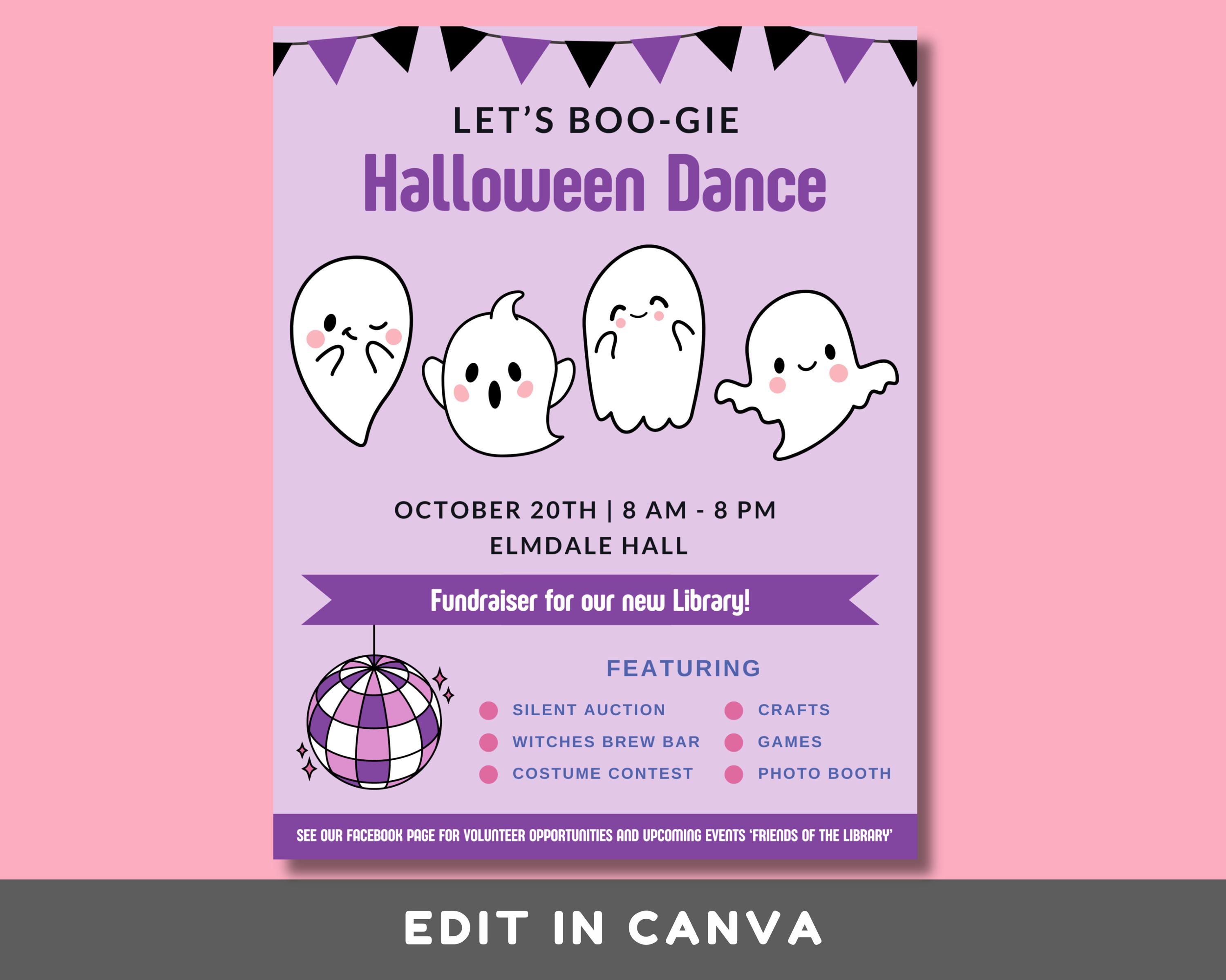 Editable Halloween Dance Flyer Template for Canva, Cute Ghost Halloween ...