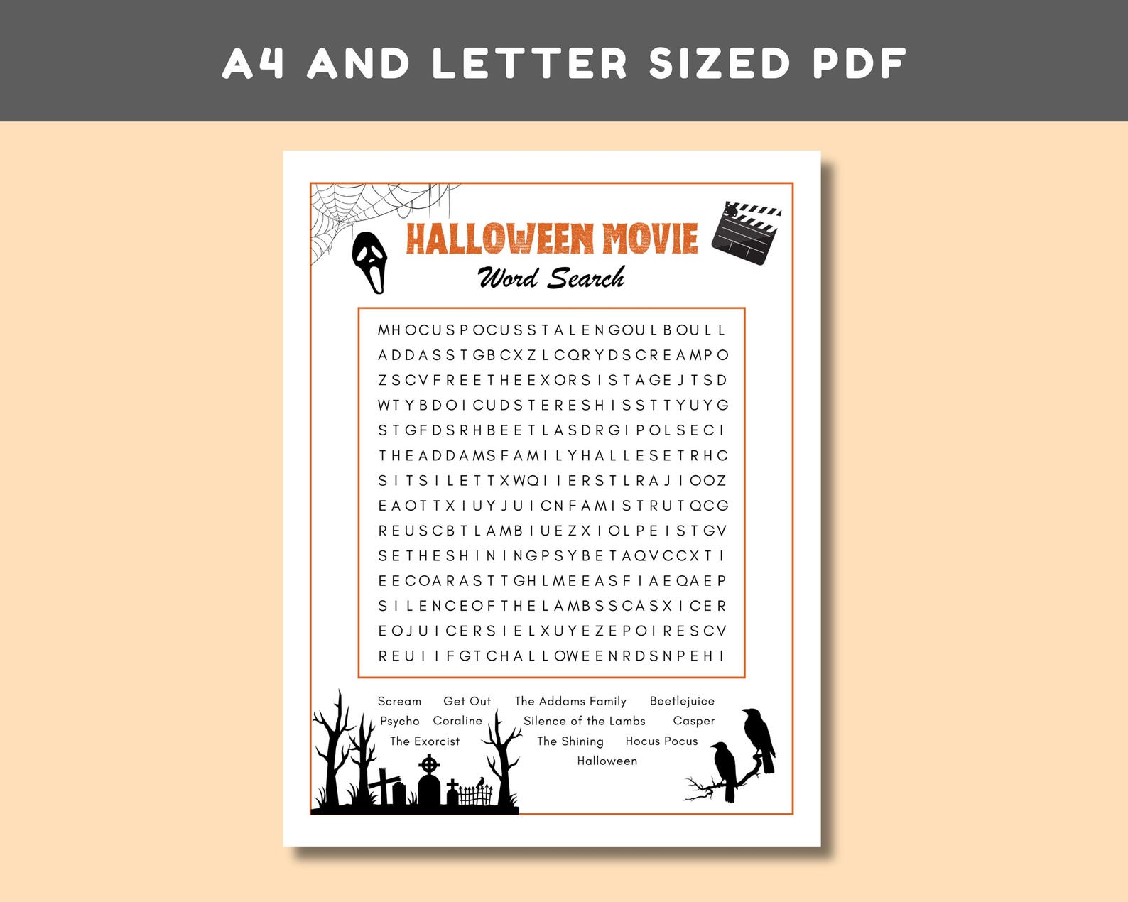 Halloween Movie Word Search, Instant Download, A4 and Letter Size - Etsy