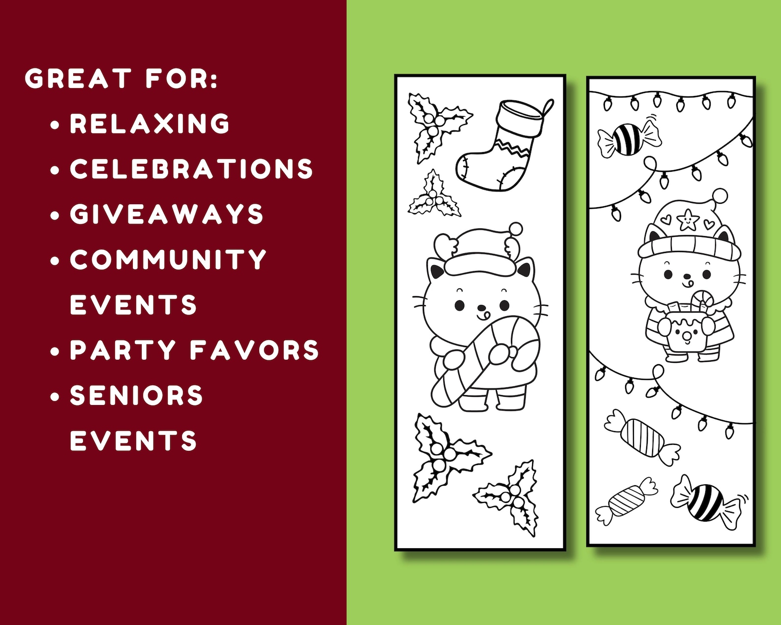 Cozy Cat Christmas Coloring Bookmarks, Kawaii Coloring, Instant ...