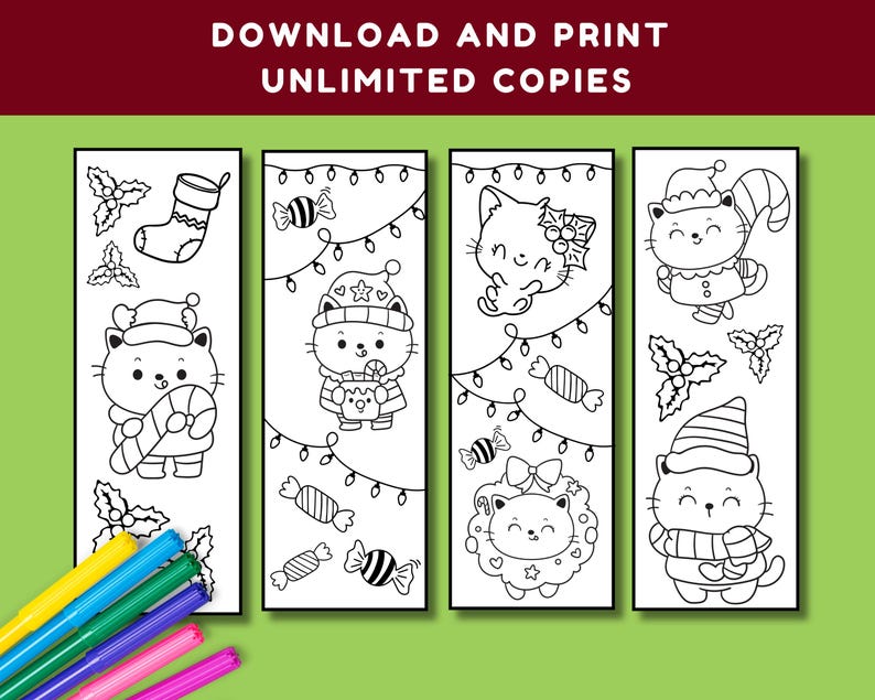 Cozy Cat Christmas Coloring Bookmarks, Kawaii Coloring, Instant ...