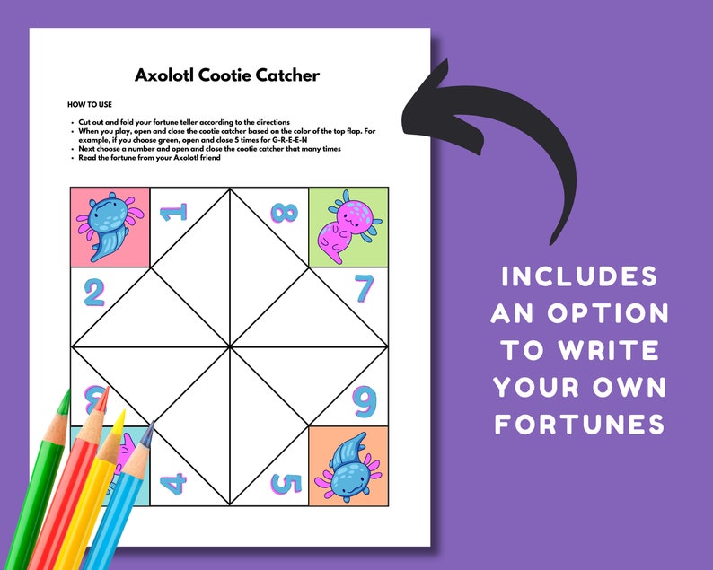 Axolotl Cootie Catcher / Fortune Teller Game for Kids; Great Party ...