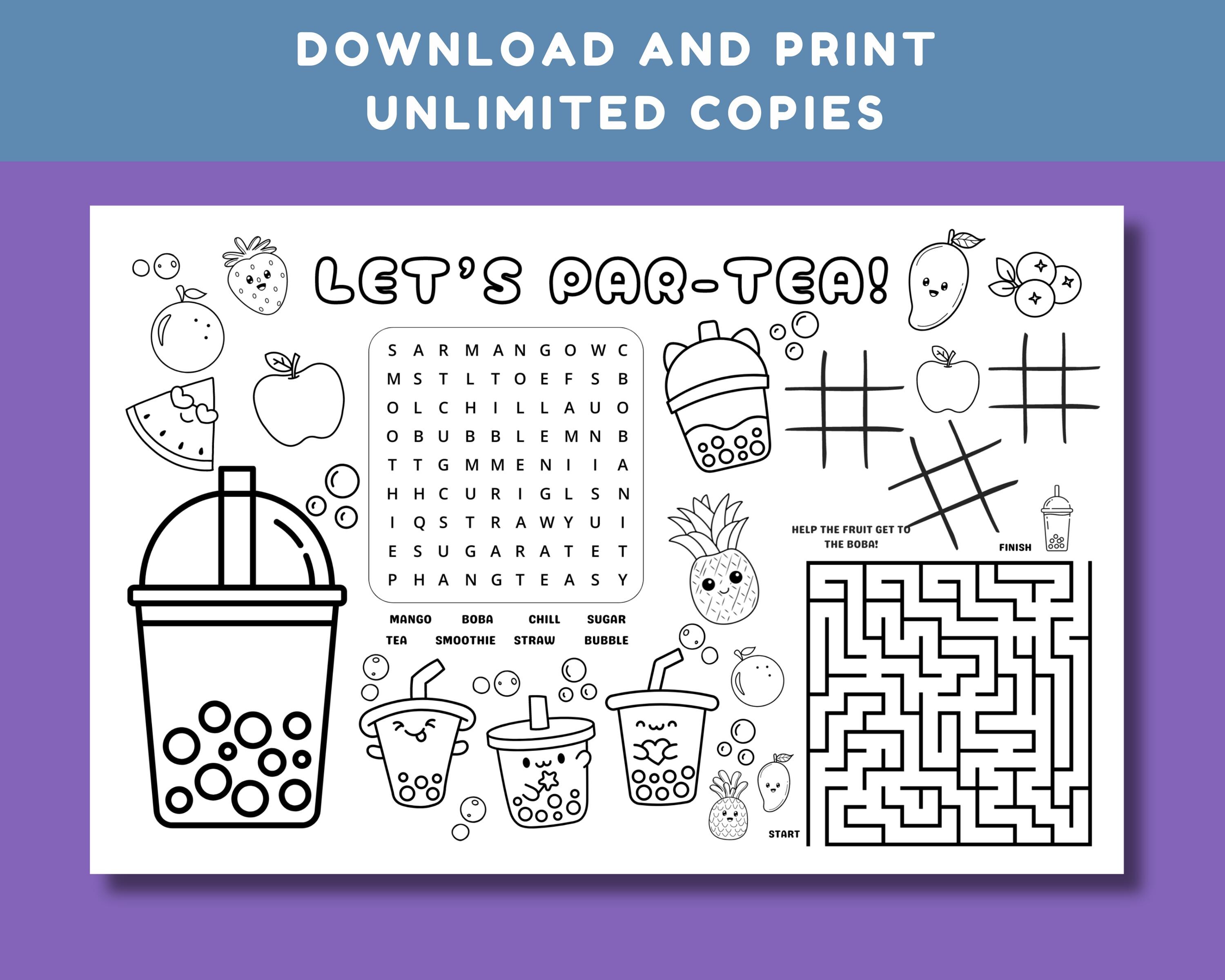Boba Coloring Activity Mat, Boba Tea Coloring Party / Birthday Activity ...
