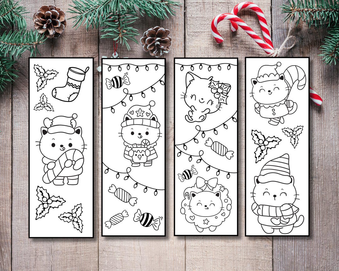 Cozy Cat Christmas Coloring Bookmarks, Kawaii Coloring, Instant ...