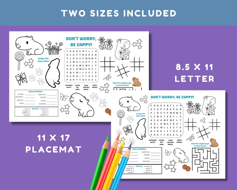 Página para colorear de capibara. Mantel individual con actividades ...