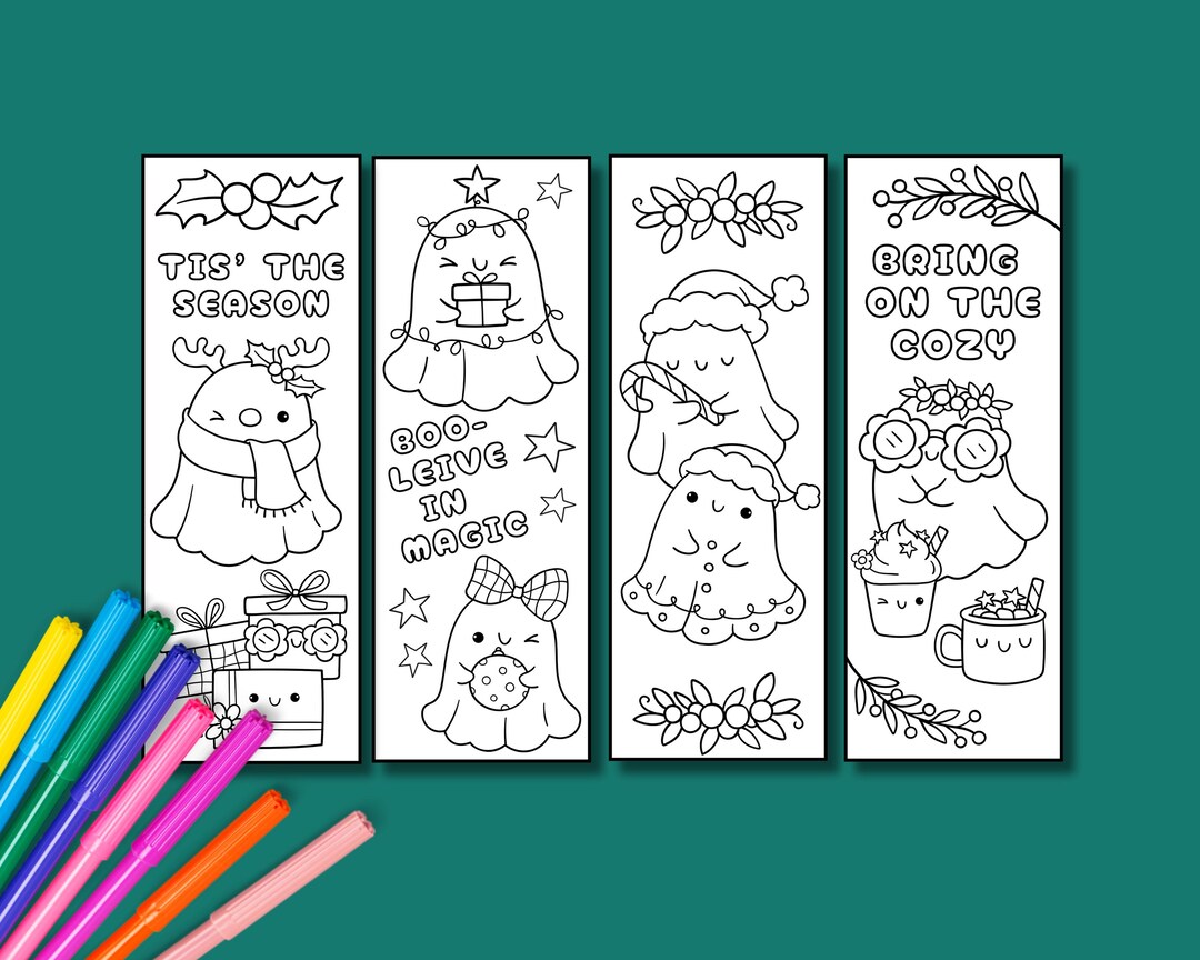 Cute Christmas Ghosts Coloring Bookmarks, Kawaii Coloring, Instant ...