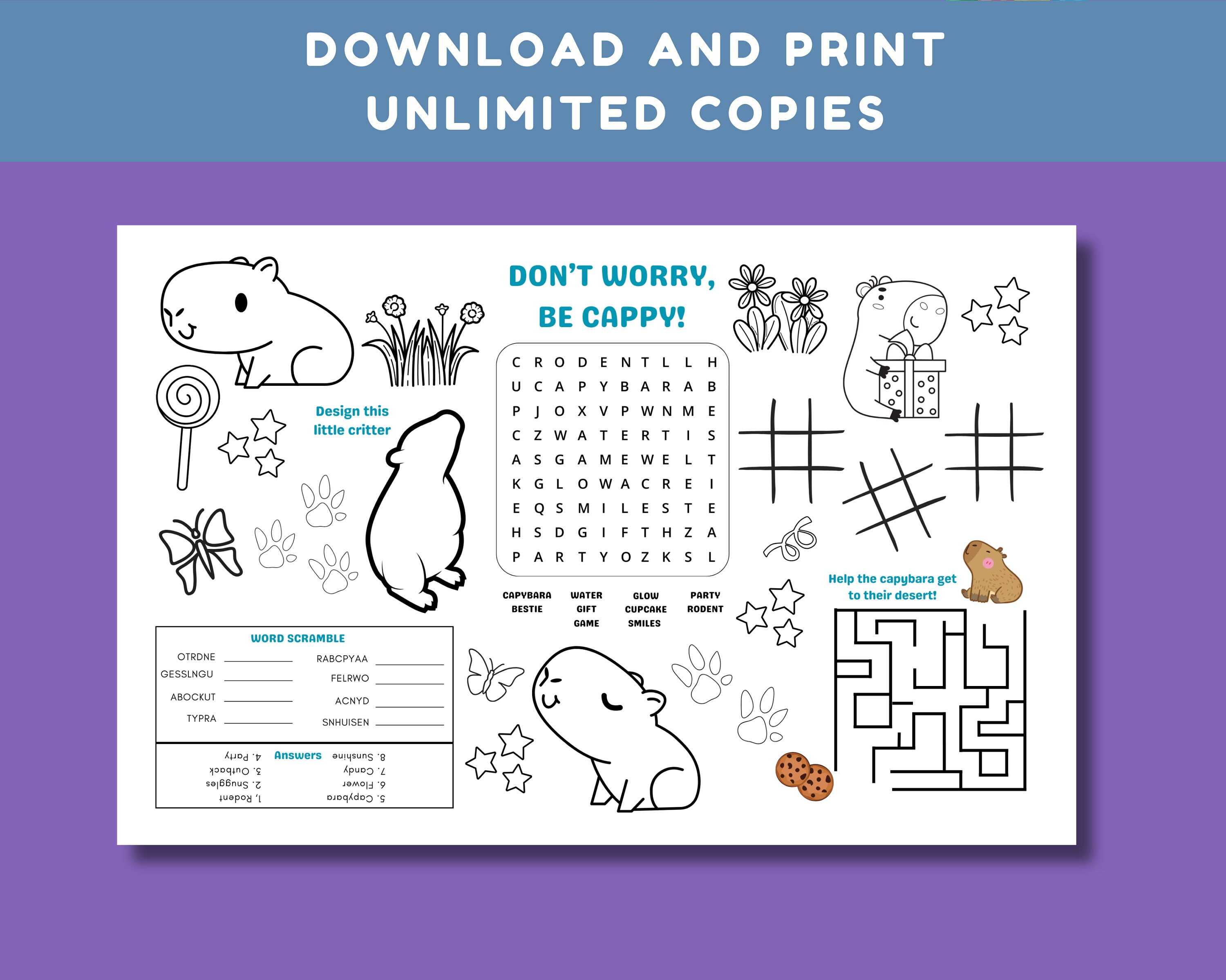 Página para colorear de capibara. Mantel individual con actividades ...