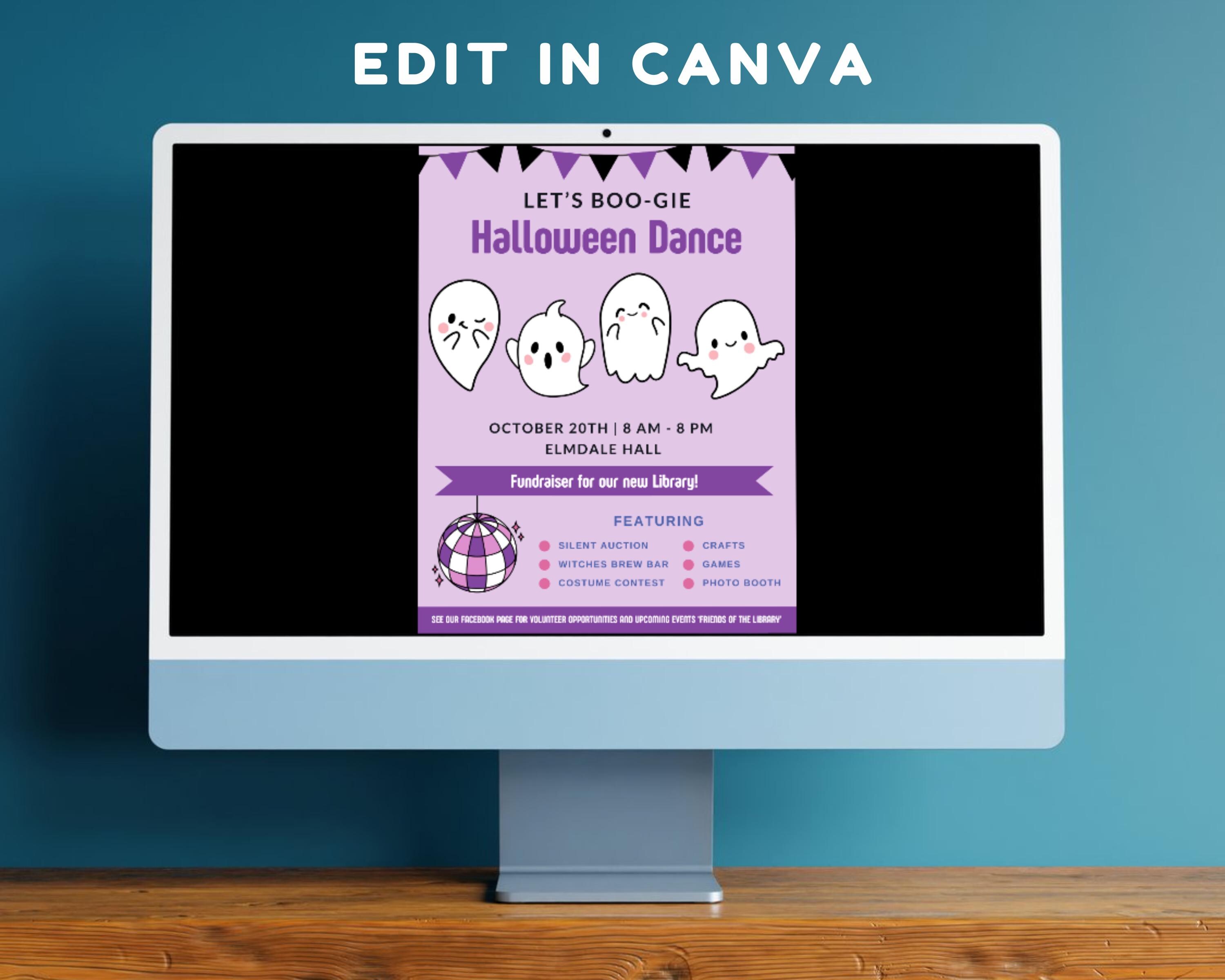 Editable Halloween Dance Flyer Template for Canva, Cute Ghost Halloween ...
