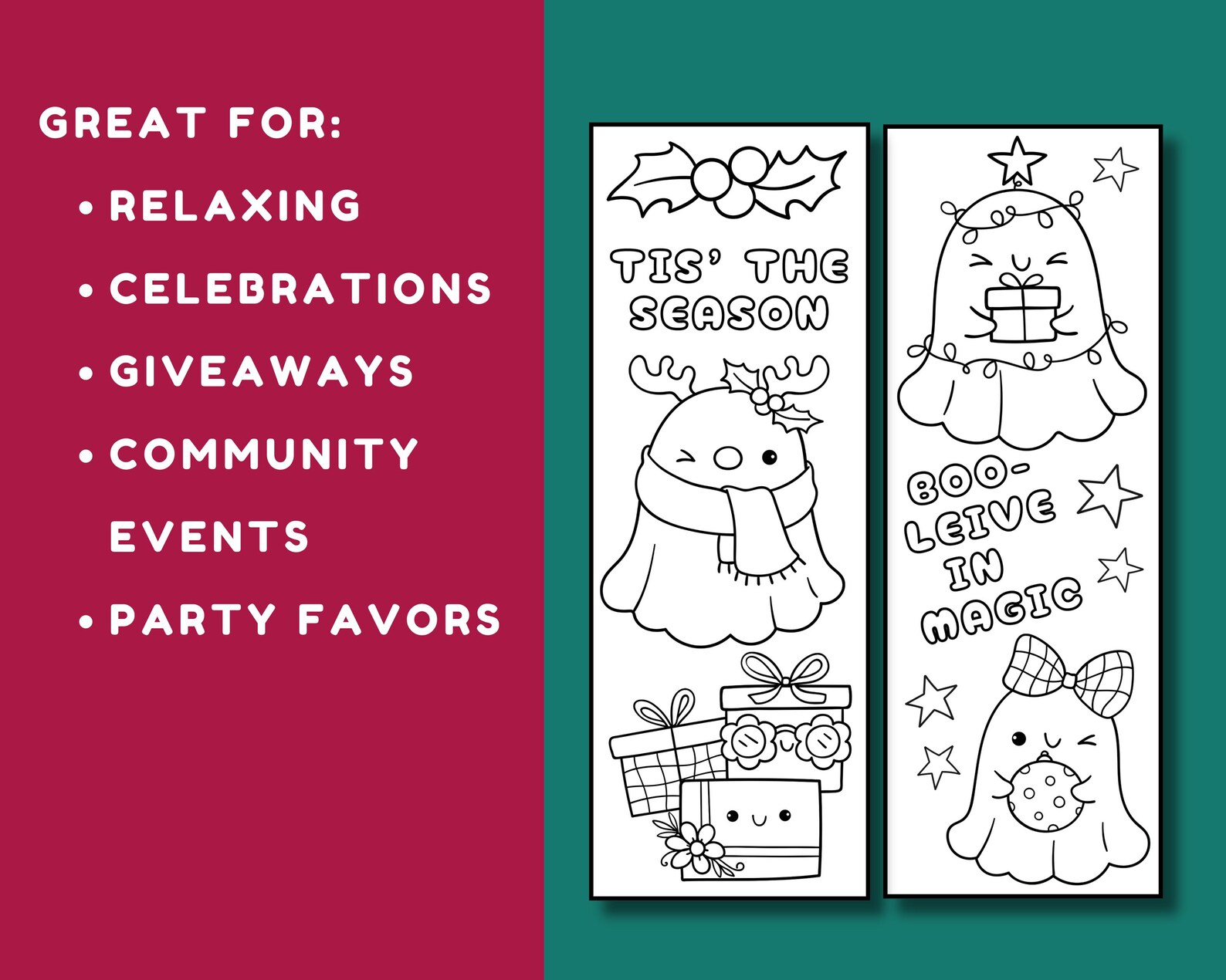 Cute Christmas Ghosts Coloring Bookmarks, Kawaii Coloring, Instant ...