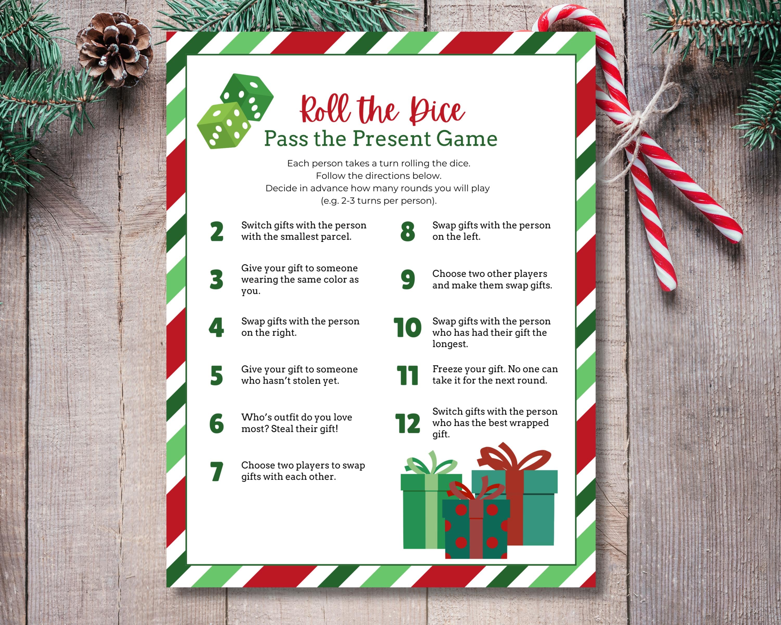 Pass the Present Christmas Dice Game, White Elephant / Secret Santa ...