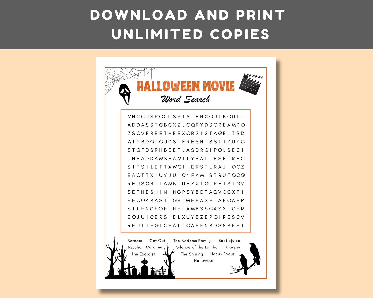 Halloween Movie Word Search, Instant Download, A4 and Letter Size - Etsy