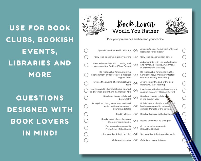 Book Lover Would You Rather Game Instant Download, for Book Clubs ...