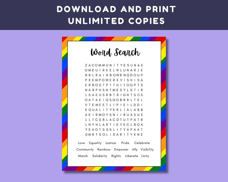 Pride Word Search, Great for All Ages; LGBTQA+ Pen and Paper Games for ...