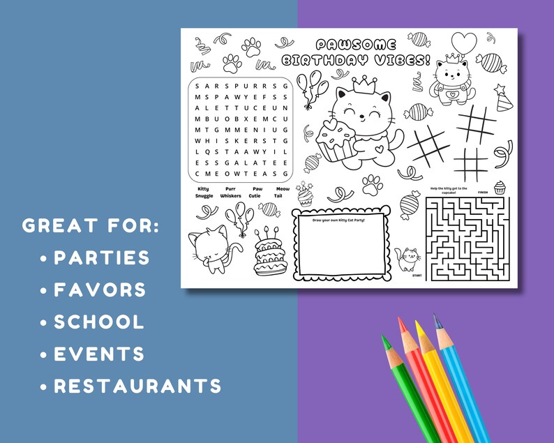 Kitty Cat Birthday Activity Mat: Coloring Page (US Letter, A4, 11x17 ...
