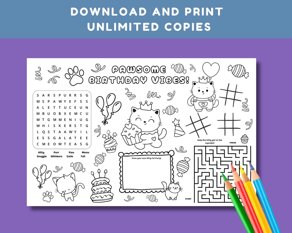 Kitty Cat Birthday Activity Mat: Coloring Page (US Letter, A4, 11x17 ...
