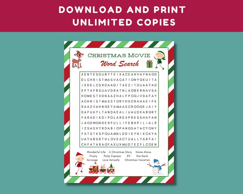 Christmas Movie Word Search, Instant Download, A4 and US Letter Size - Etsy
