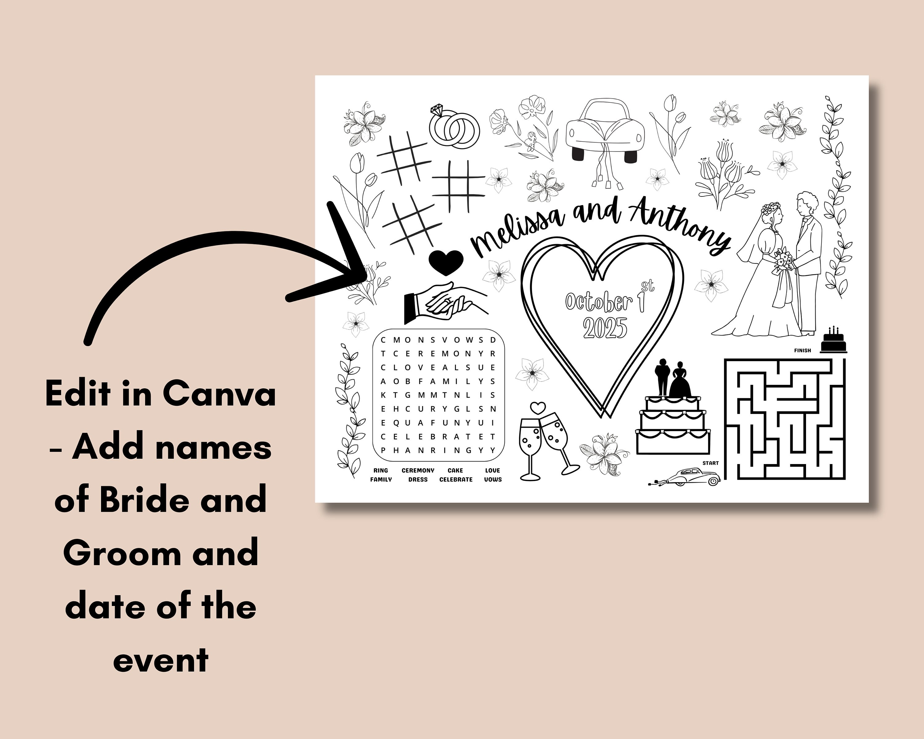Editable Wedding Coloring Placemat Template for Canva Personalized ...