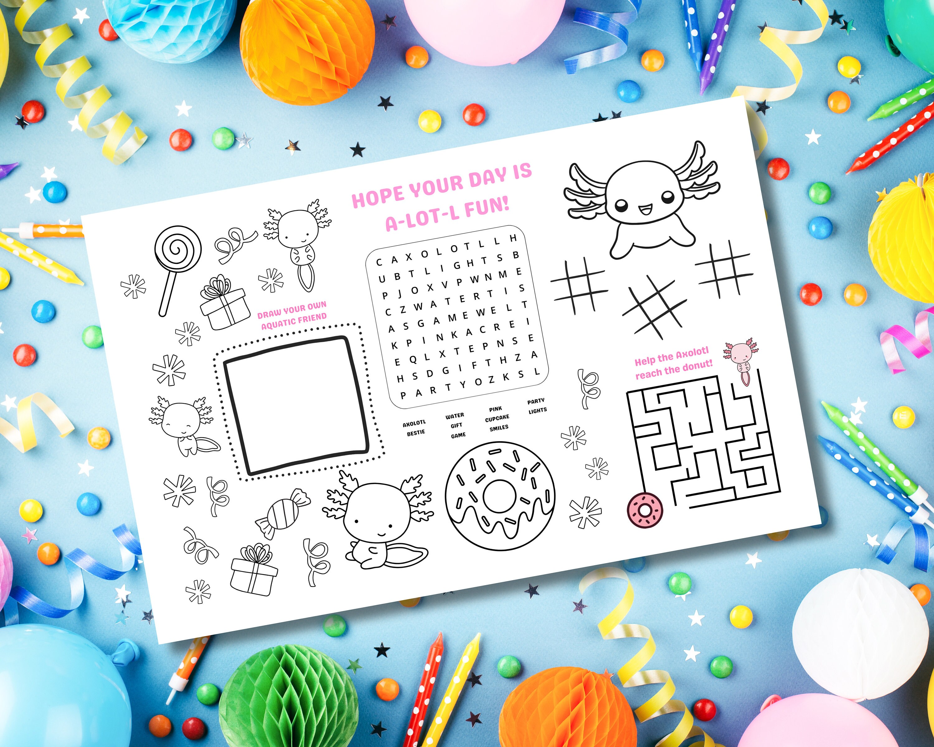 Axolotl Coloring Activity Mat, Axolotl Everyday Restaurant Placemat ...