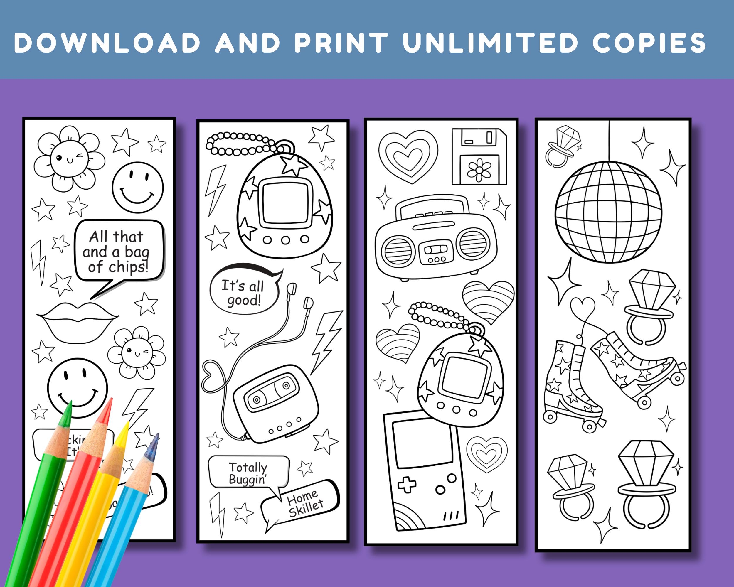 Nineties Bold and Easy Coloring Bookmarks Instant Download, 90s Y2K ...
