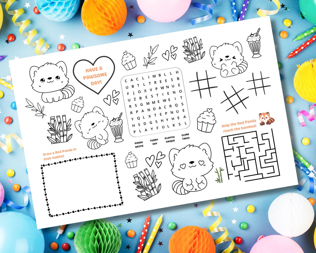 Red Panda Coloring Activity Mat, Kids Coloring Activity Placemat for ...