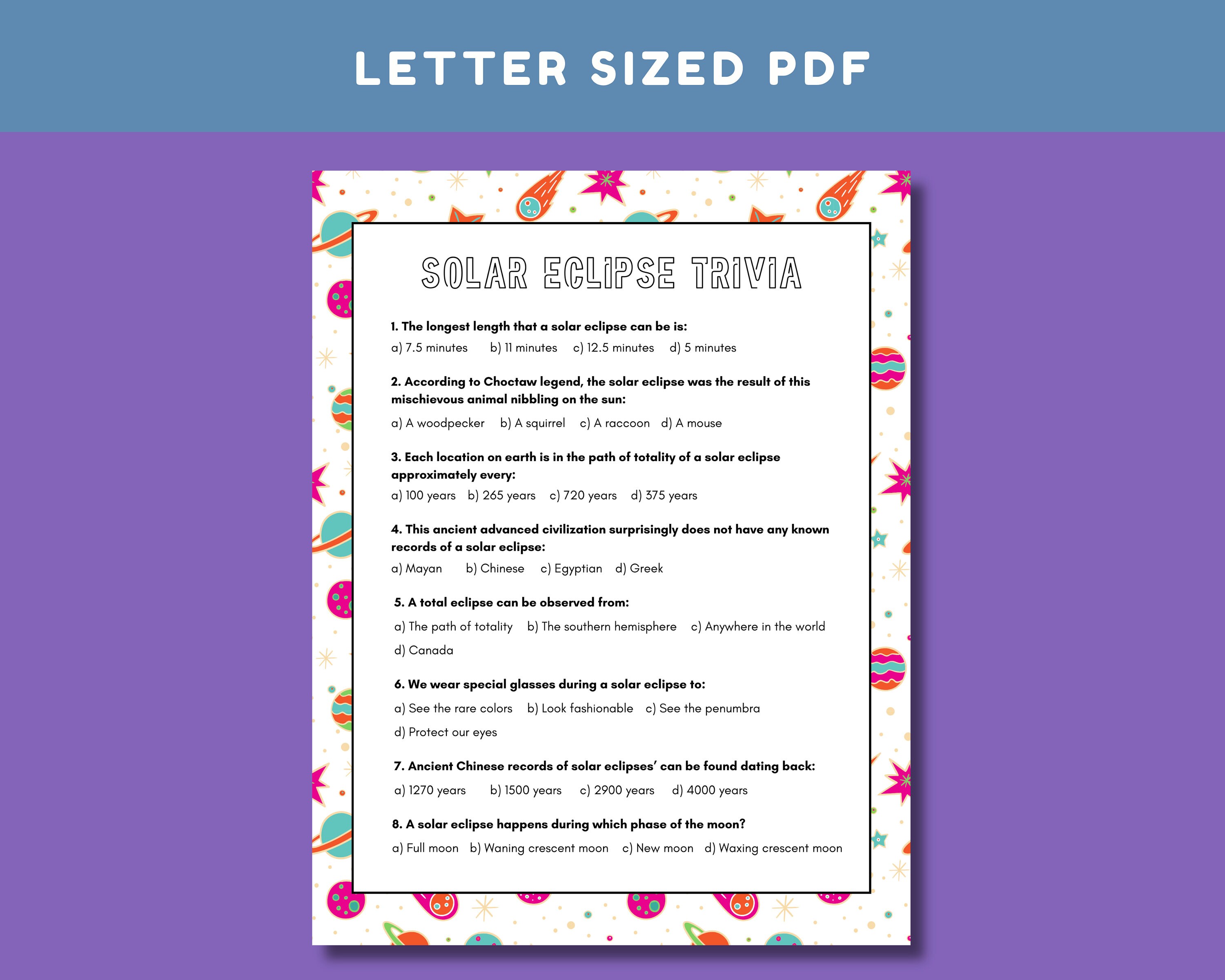 Solar Eclipse Trivia Game Instant Download, Space Trivia for Older Kids ...