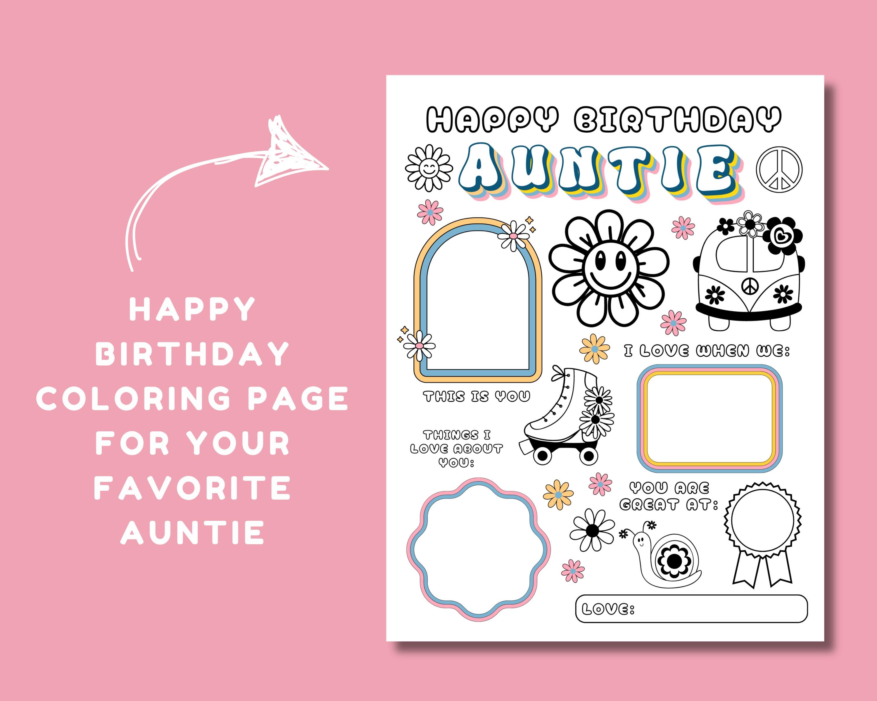 Groovy Happy Birthday Auntie Coloring Page, Funky Fun Coloring Card ...