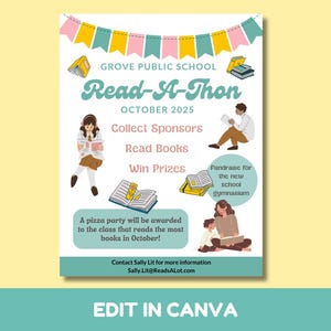 Editable Read-a-thon Fundraiser Flyer Template for Canva, Read-a-thon ...