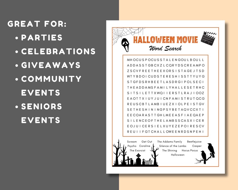Halloween Movie Word Search, Instant Download, A4 and Letter Size - Etsy