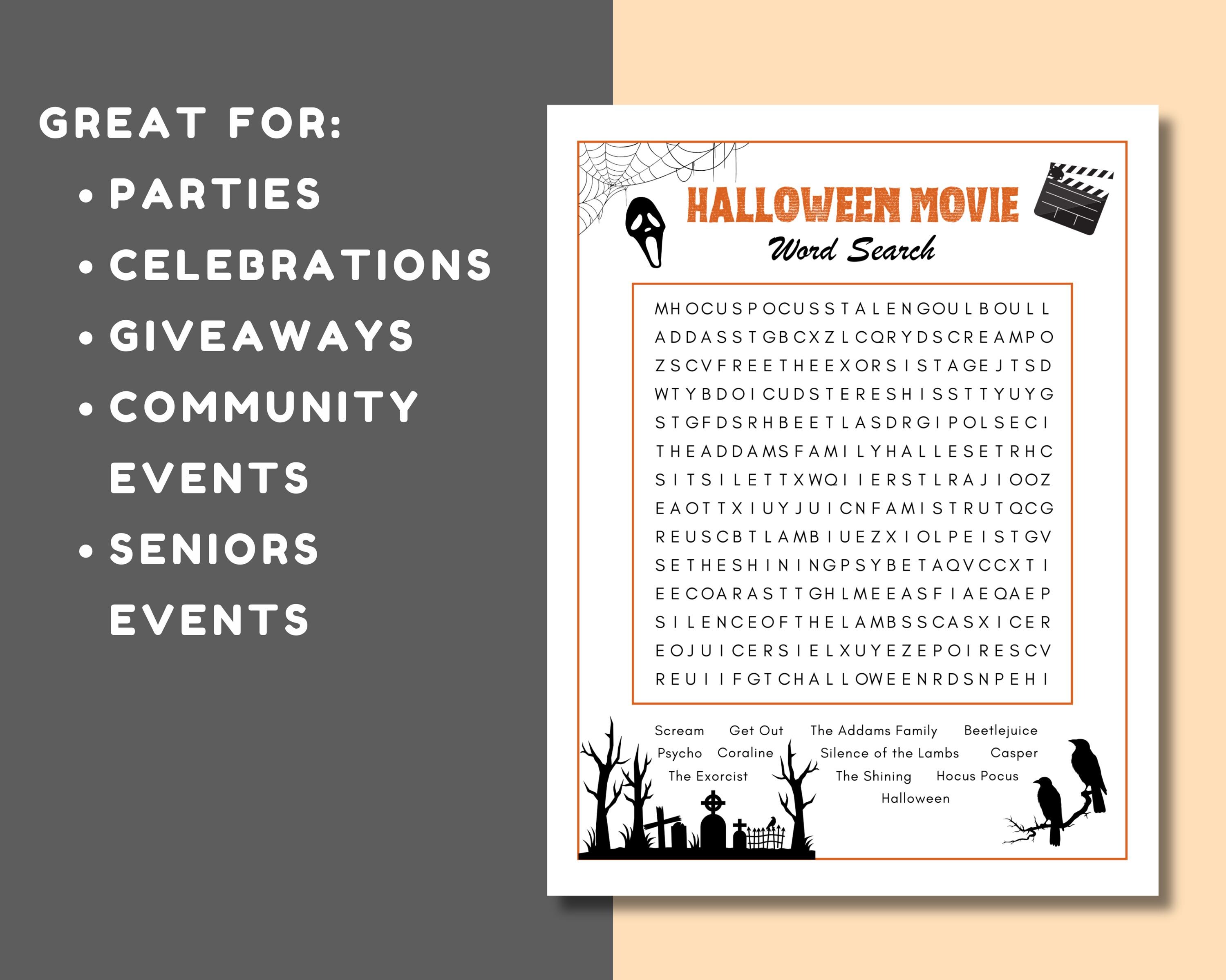 Halloween Movie Word Search, Instant Download, A4 and Letter Size - Etsy