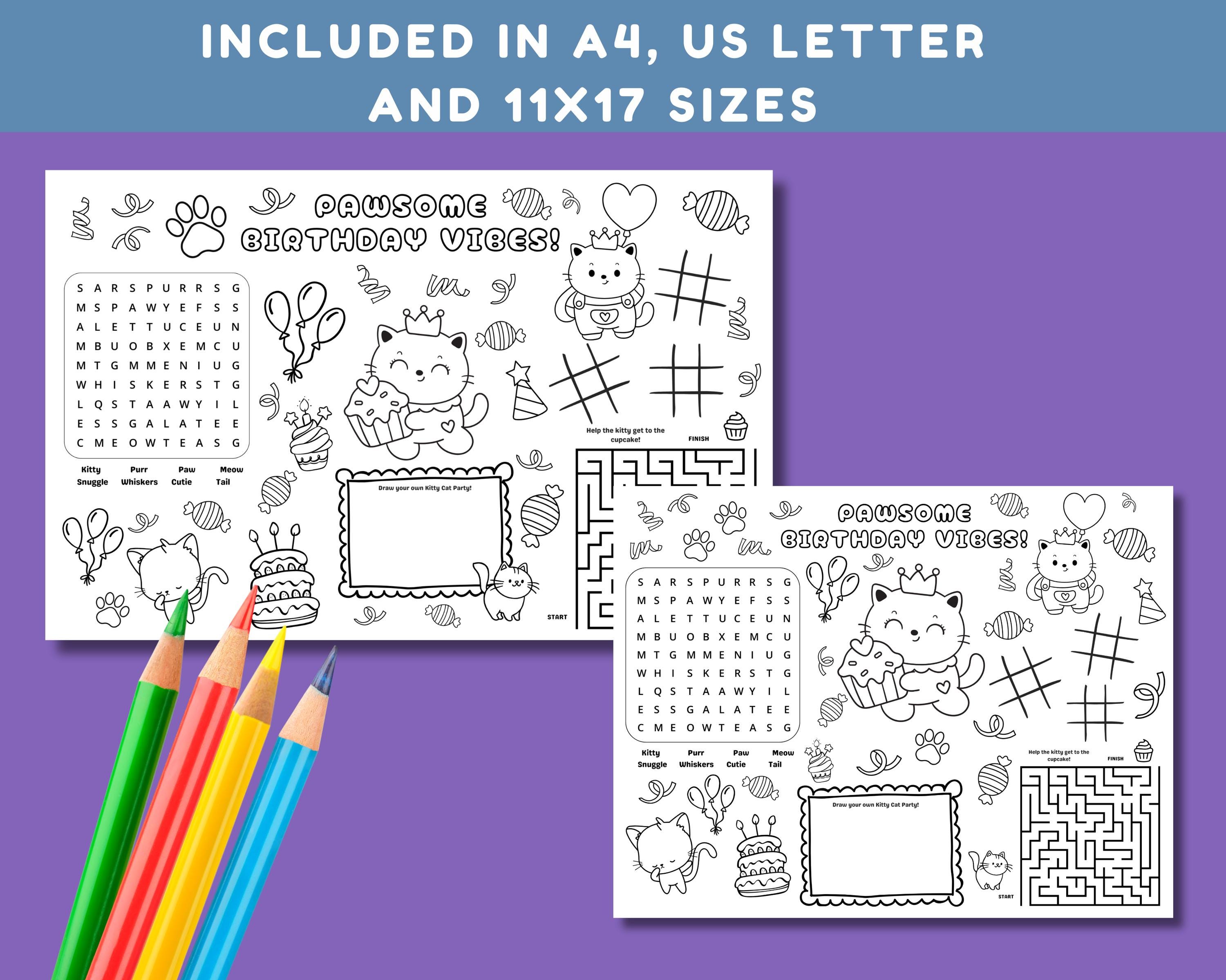 Kitty Cat Birthday Coloring Activity Mat / Birthday Activity Mat, US ...