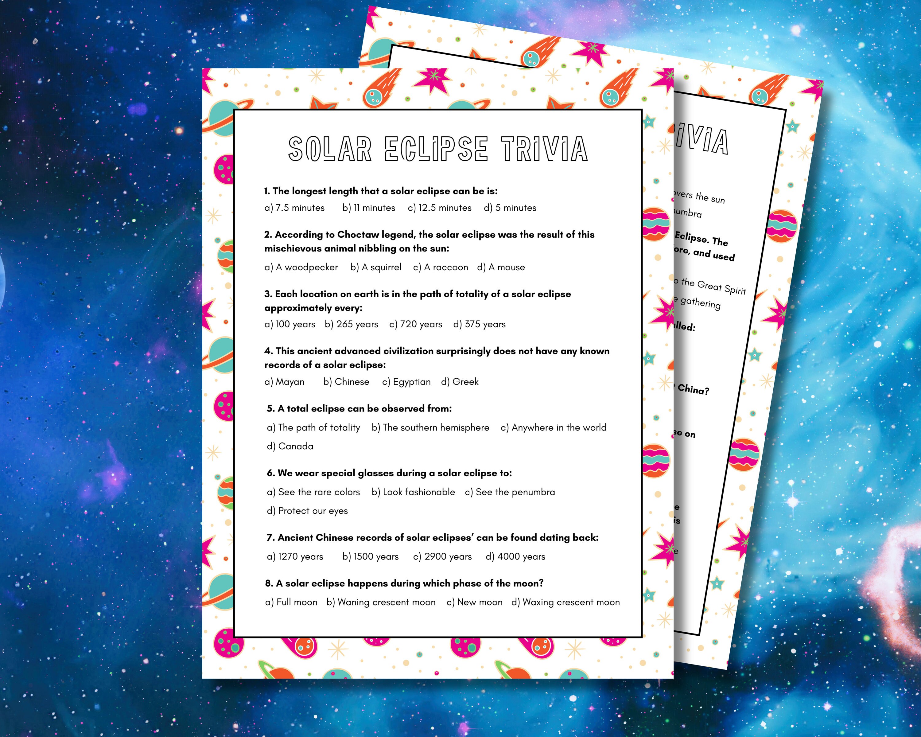 Solar Eclipse Trivia Game Instant Download, Space Trivia for Older Kids ...